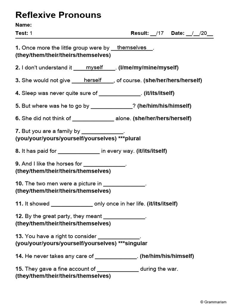 Grammarism Reflexive Pronouns Test 1 1261021 | PDF | Language Arts ...