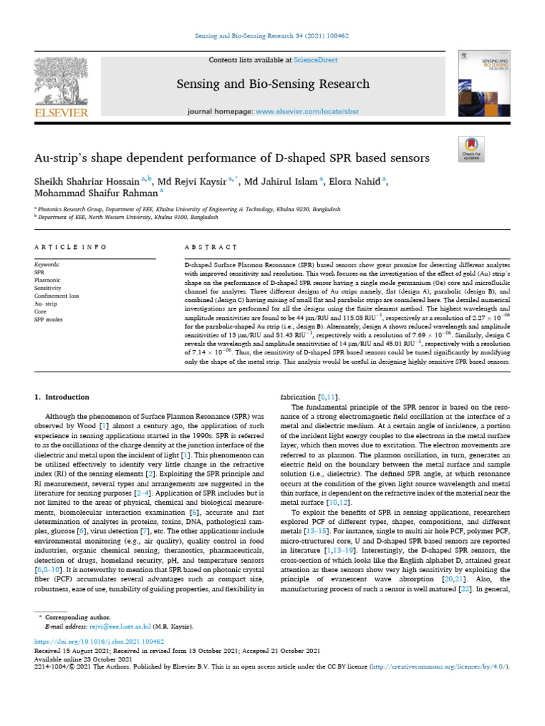 Au-Strip's Shape Dependent Performance of D-Shaped SPR Based Sensors ...