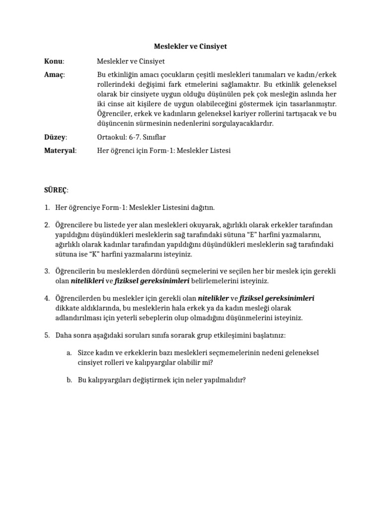 Örnek Etkinlik - Meslekler Cinsiyet Rolü | PDF