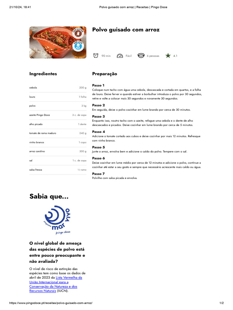 Polvo Guisado Com Arroz - Receitas - Pingo Doce | PDF | Caldo | Alimentos
