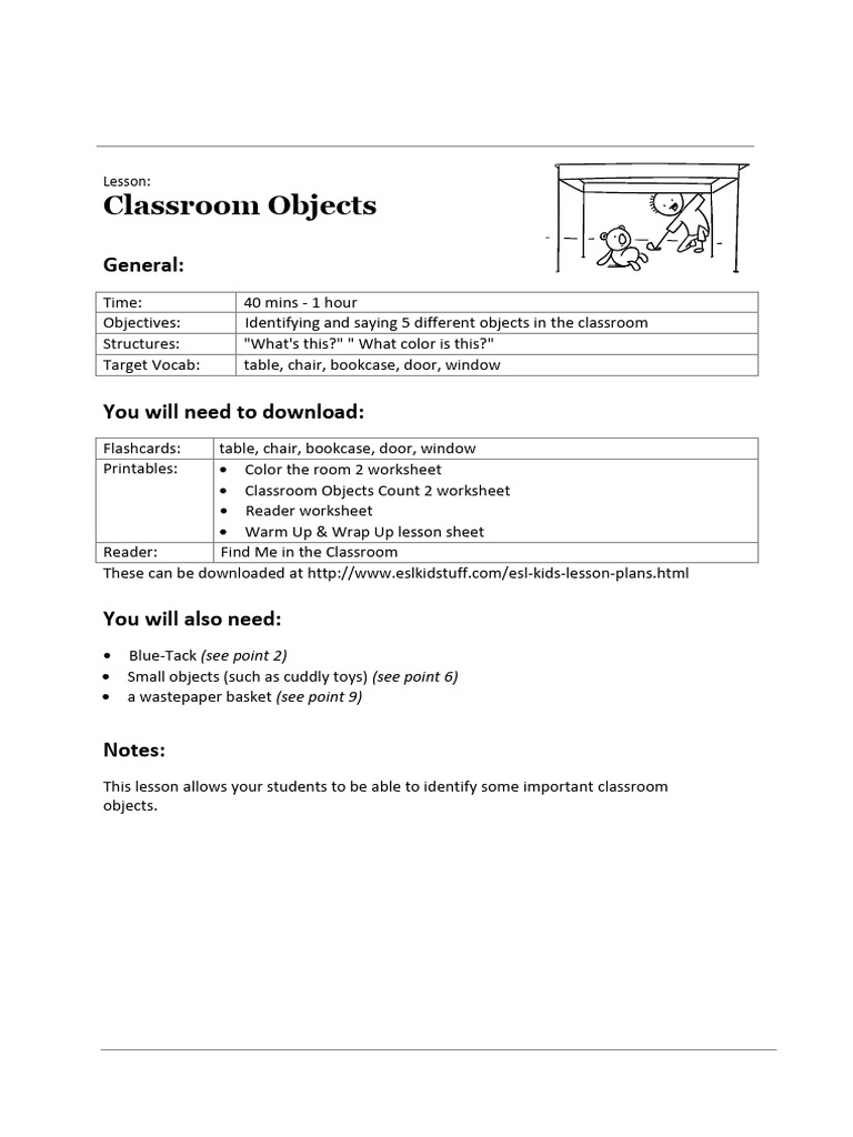 Classroom Objects Lesson Plan Example | PDF | Career & Growth | Home & Garden