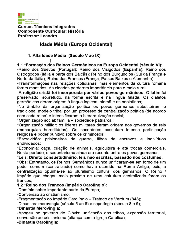 Anexo 1 Idade Mdia Tpicos | PDF | Servidão | Feudalismo