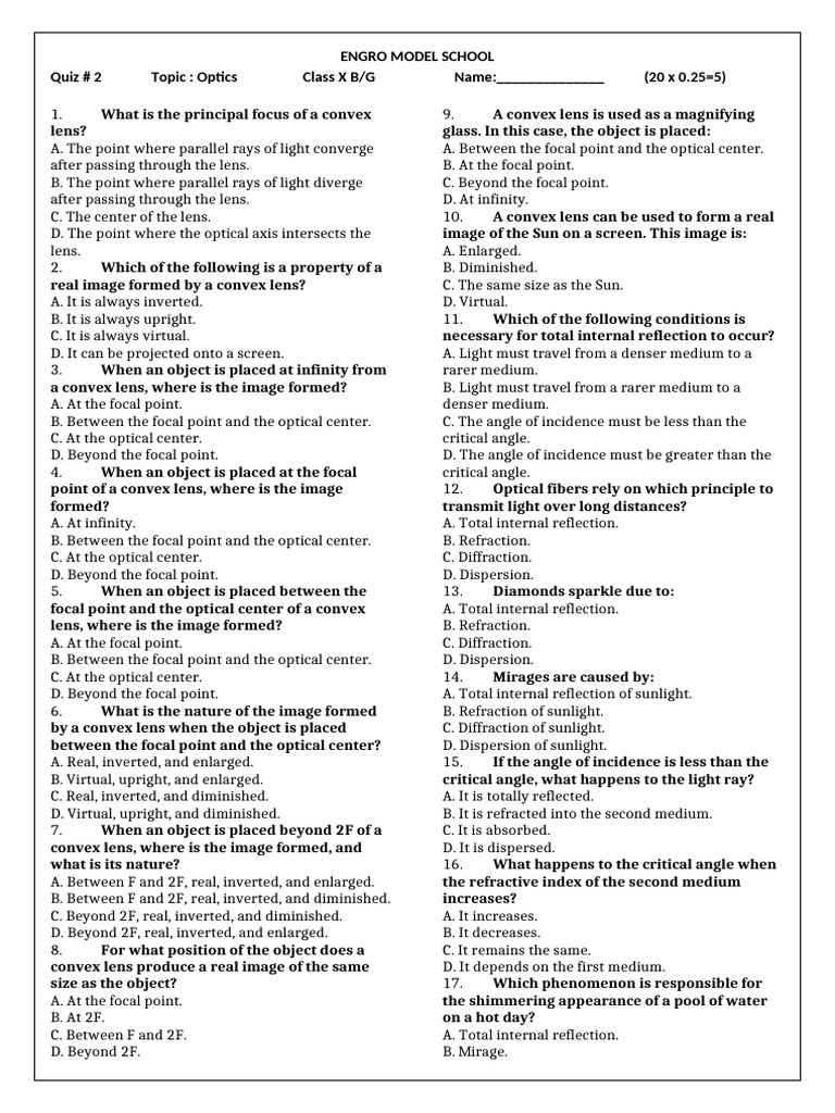 Class X Optics Quiz Questions | PDF | Optics | Refraction