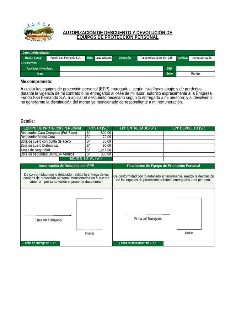 Autorización de Descuento y Devolucion de Epp | PDF