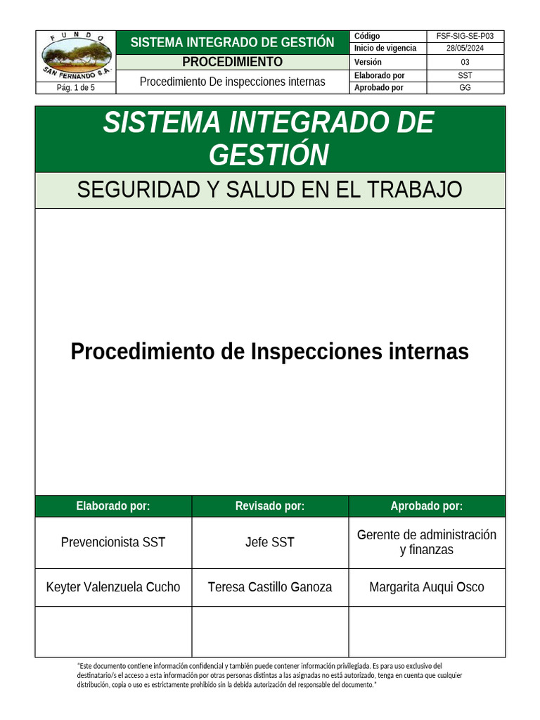 FSF-SIG-SE-P03 Procedimiento Inspección Interna | PDF