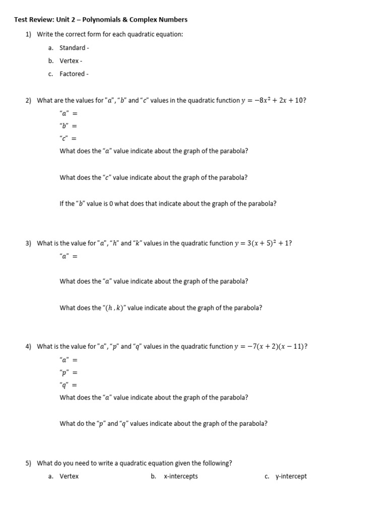 Test Review Unit 2 Polynomials & Complex Numbers | PDF | Quadratic ...