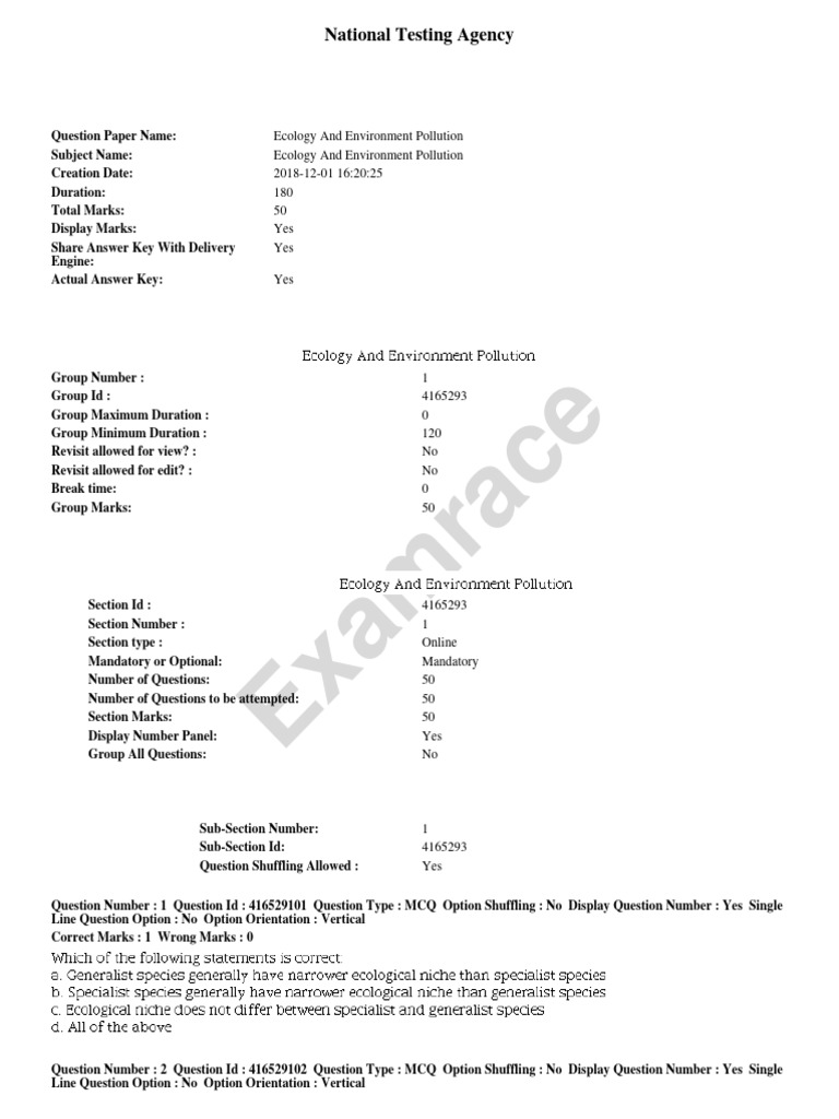 Ecology and Environment Exam Paper | PDF | Multiple Choice | Natural ...