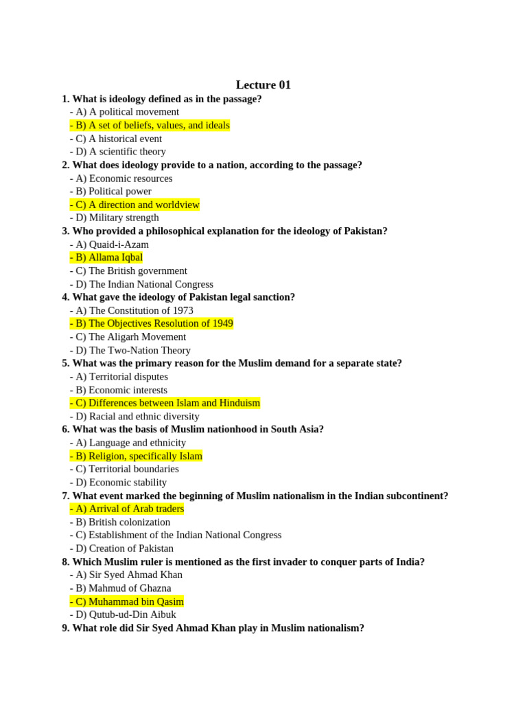 Pak301 Mcqs Files Lecture Wise Pdf All India Muslim League Muhammad Ali Jinnah