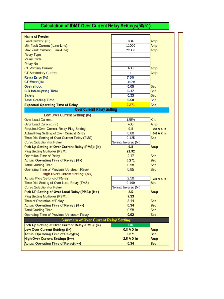 IDMT Relay Settings Calculation Guide | PDF | Relay | Components