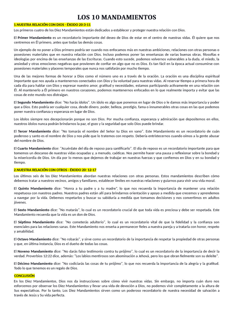 10 Mandamientos Resumen Word | PDF | Diez Mandamientos | Dios
