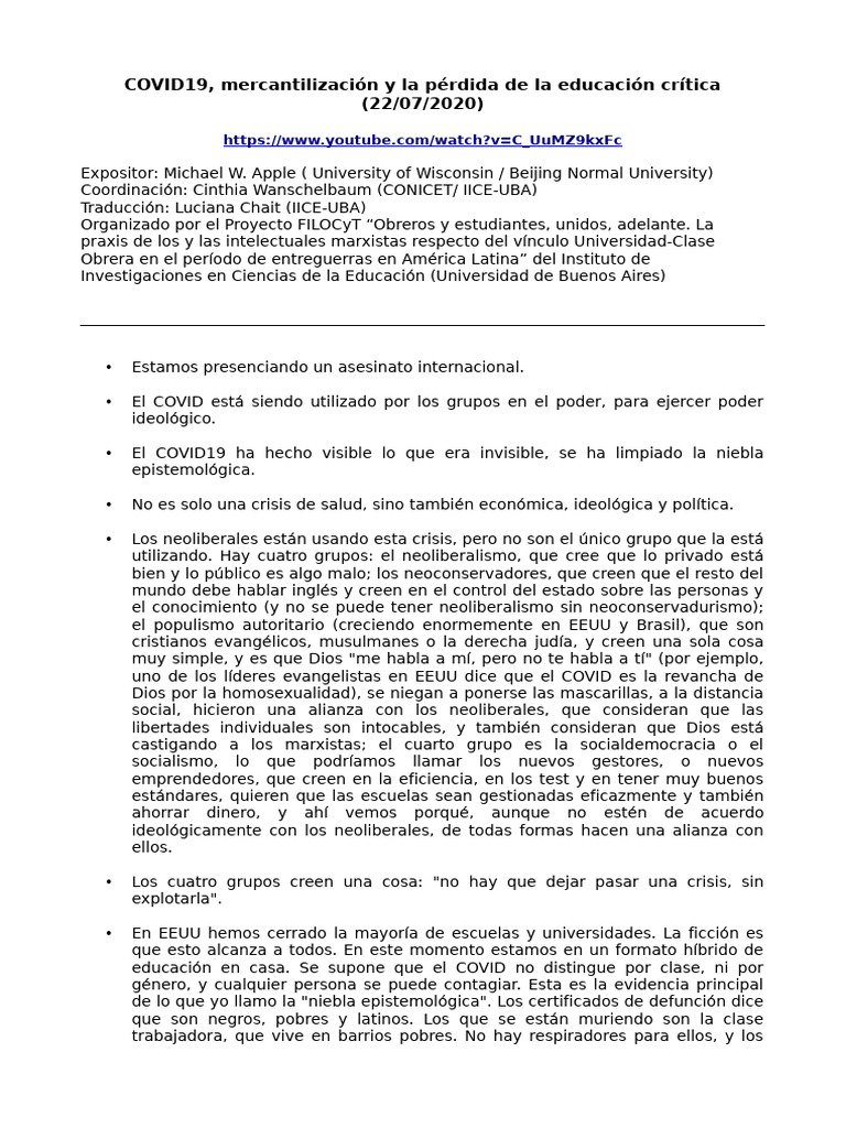 Michael W Apple - COVID19, Mercantilización y Pérdida de La Educación ...