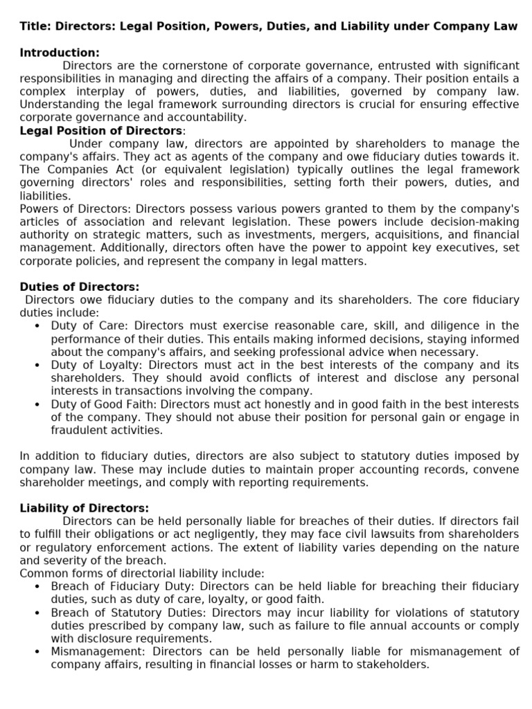 Title: Directors: Legal Position, Powers, Duties, and Liability Under Company Law | PDF | Legal ...
