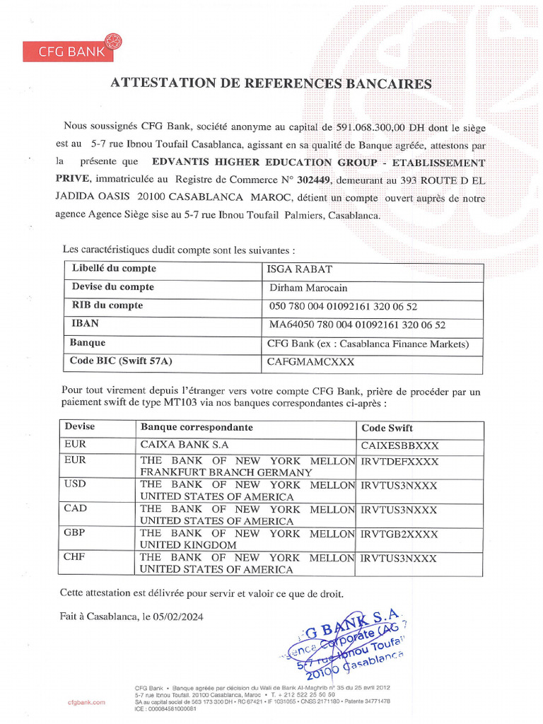 Edvantis - ISGA Rabat-Attestation de RIB | PDF