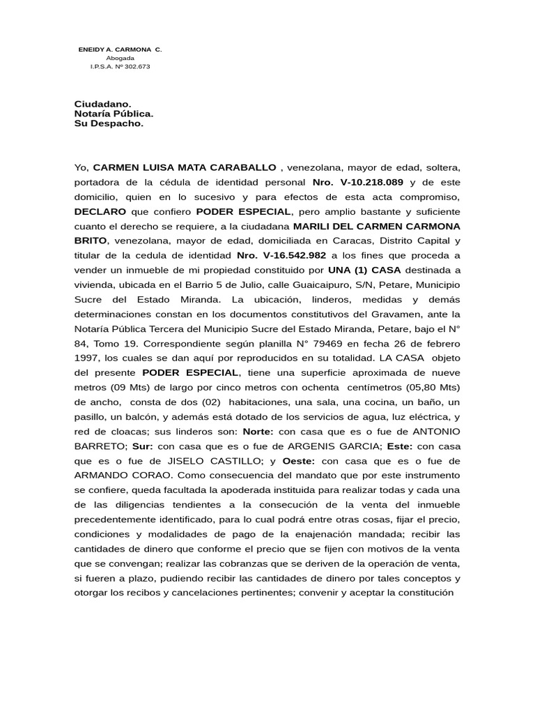 Poder Carmen Mata (Definitivo) | PDF | Bienes raíces | Documento de identidad
