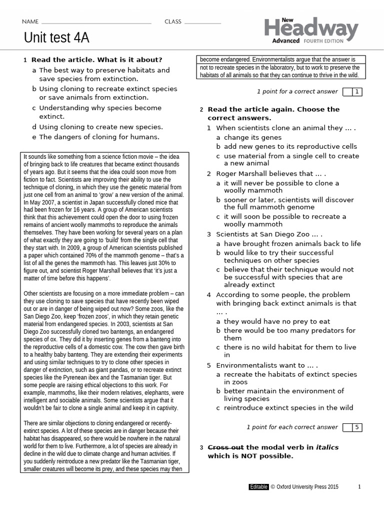 Unit test 4A | PDF | Cloning | Extinction