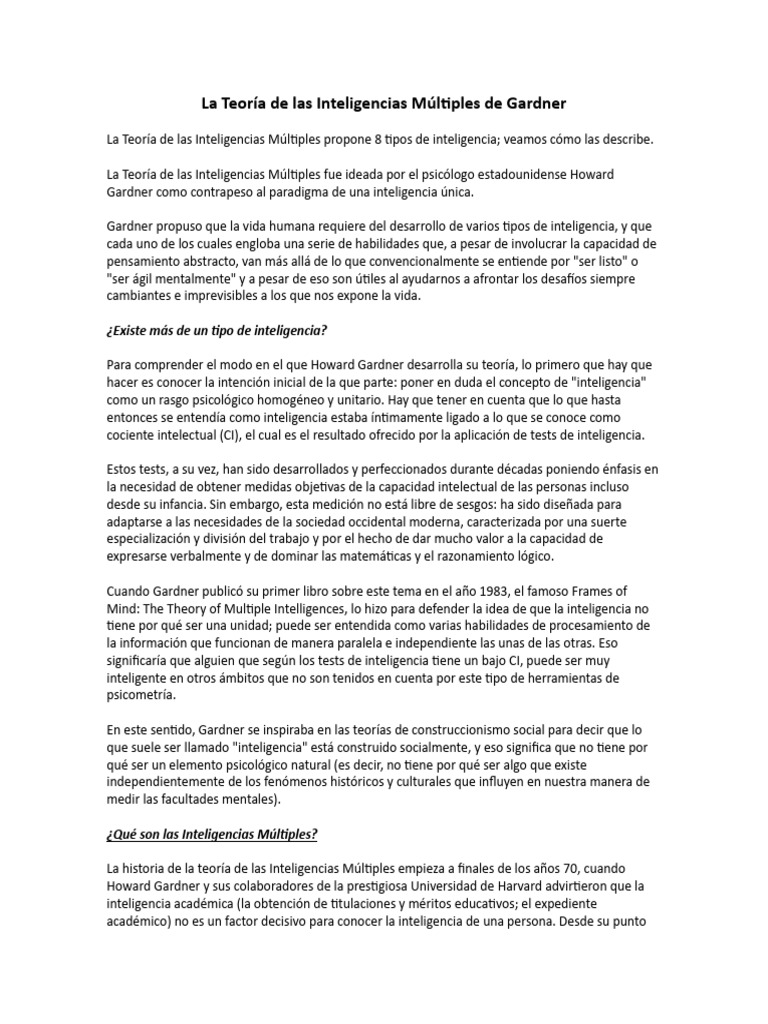 La Teoría de Las Inteligencias Múltiples de Gardner | PDF ...