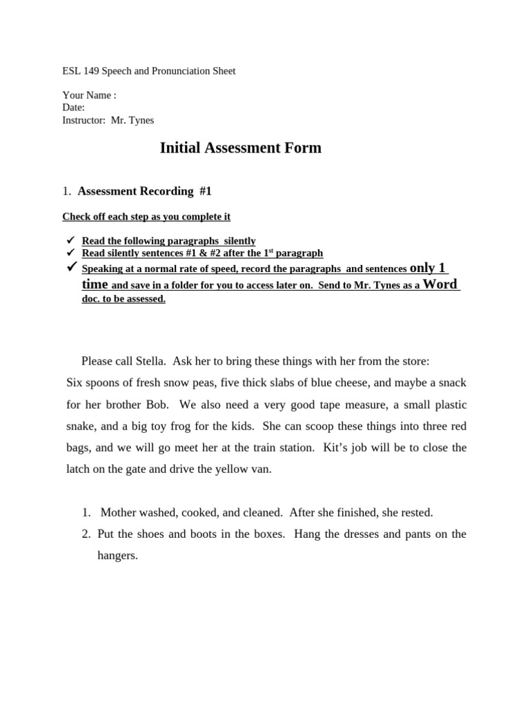 Initial Assessment Form | PDF | Language Arts & Discipline