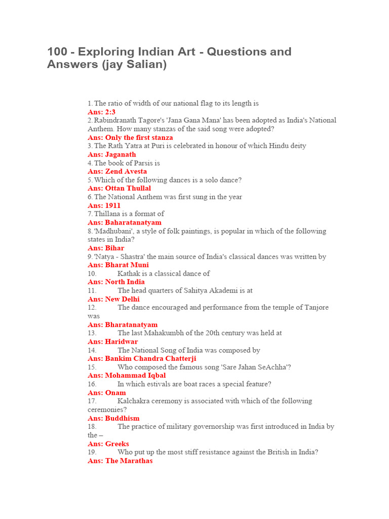100 - Exploring Indian Art - Questions and Answers (Jay Salian) | PDF