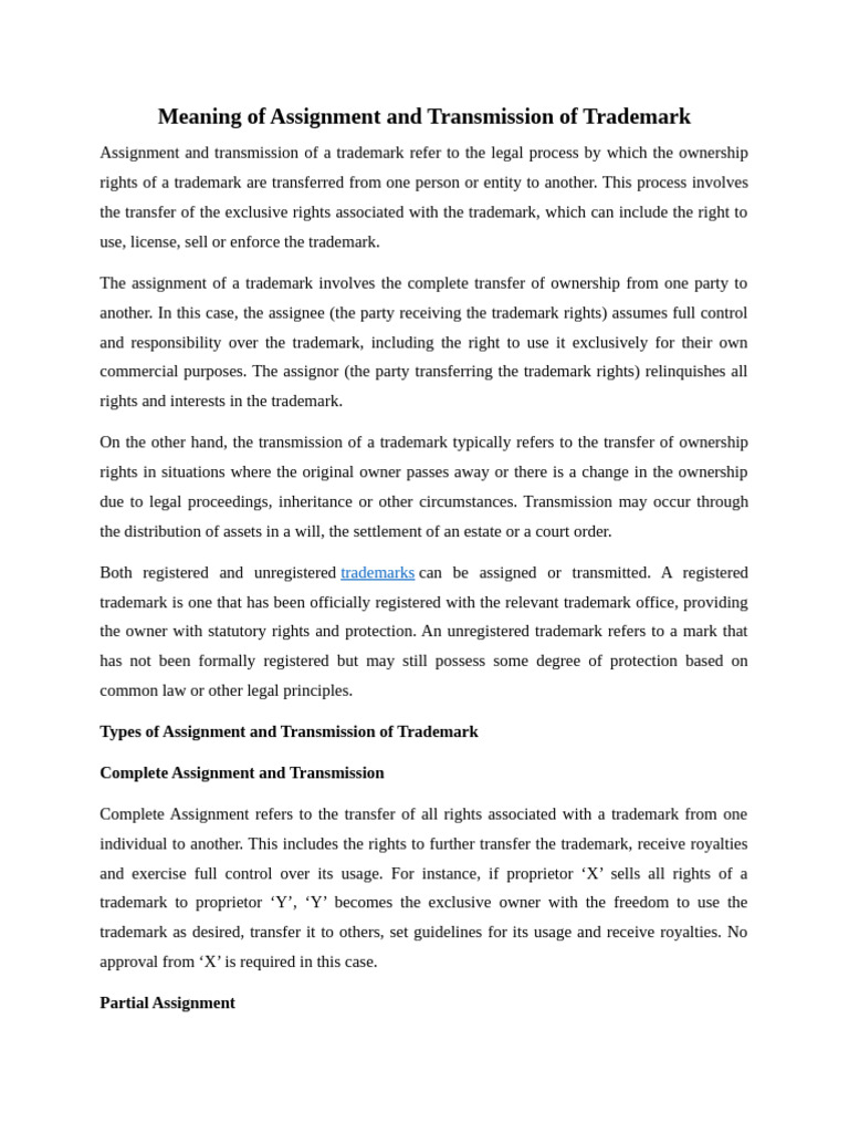 Trademark Assignment vs. Transmission Explained | PDF | Assignment (Law ...