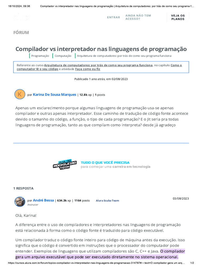 Compilador Vs Interpretador Nas Linguagens de Programação: Fórum | PDF ...