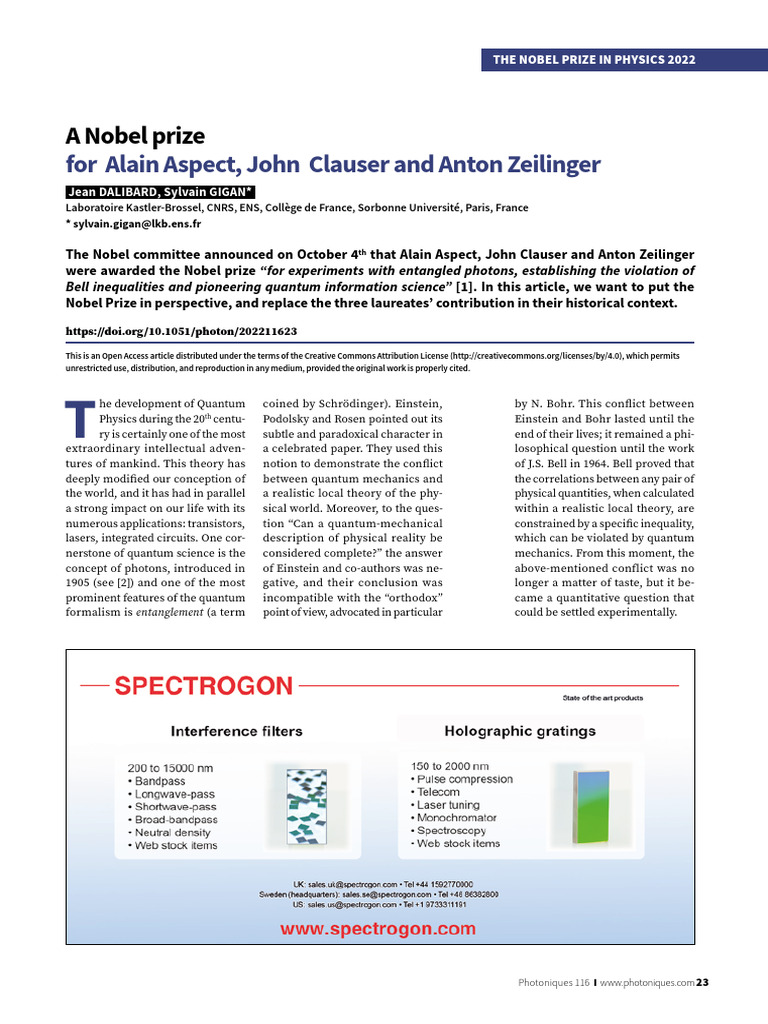 A Nobel Prize For Alain Aspect John Clauser and An | PDF | Quantum ...