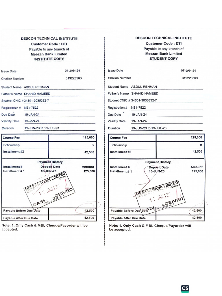 Fee Challan Abdul Rehman 00779679 | PDF