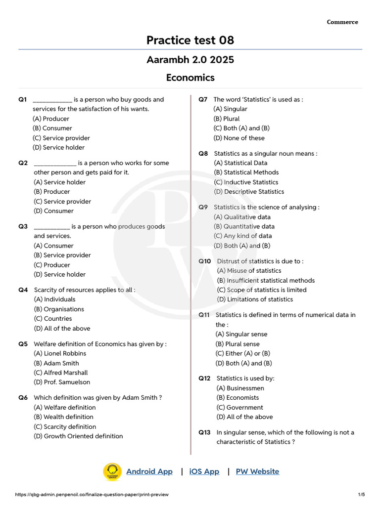 Practice Test 08 - Economics Test Paper | PDF | Economics | Statistics