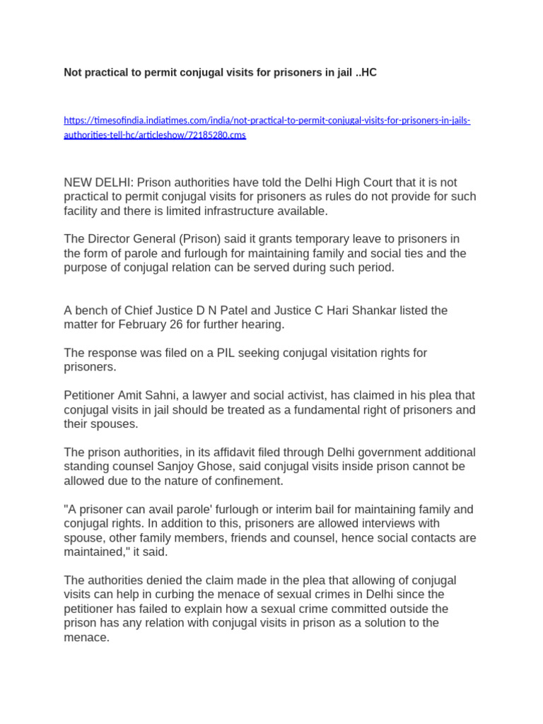 Not Practical To Permit Conjugal Visits For Prisoners in Jail | PDF ...