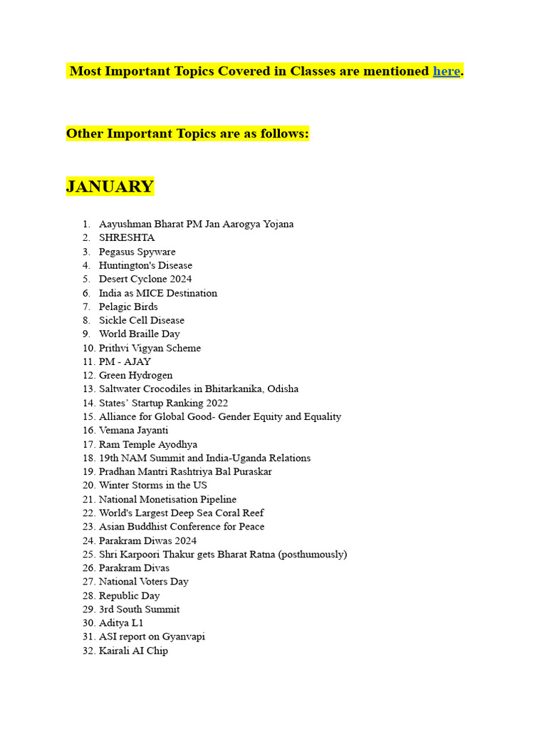 Most Important Topics List 2024 (Compiled-Monthly) - 1 | PDF