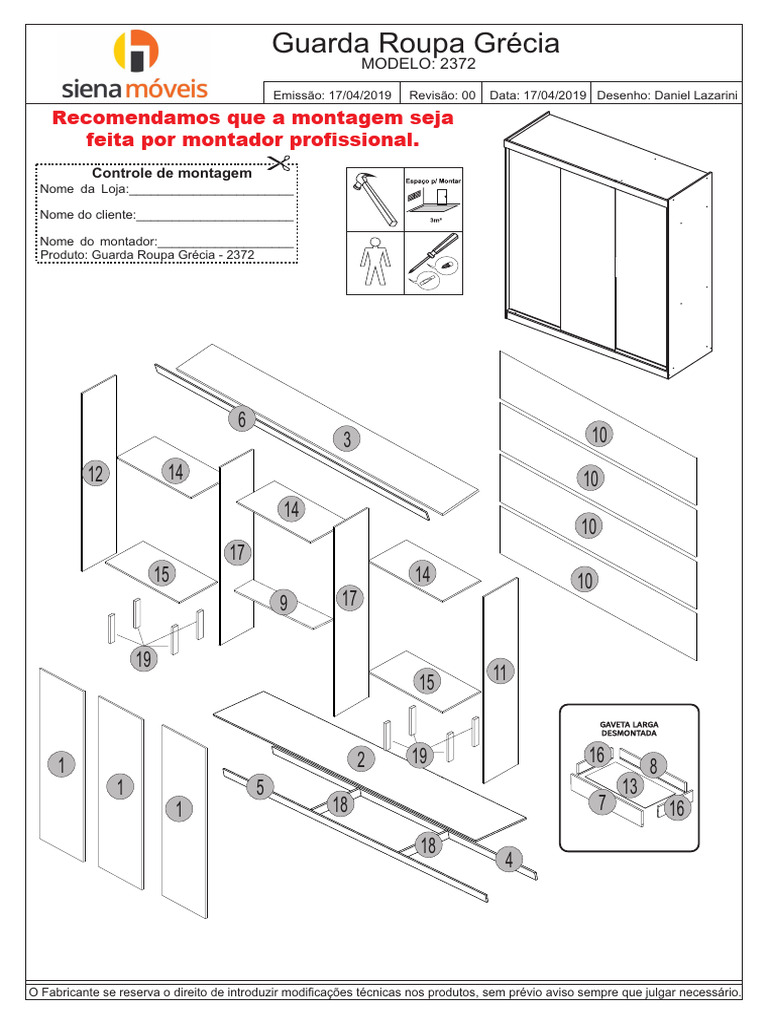 Manual Guarda Roupa GR Cia 3p Com 1 Espelho Transversal Siena | PDF