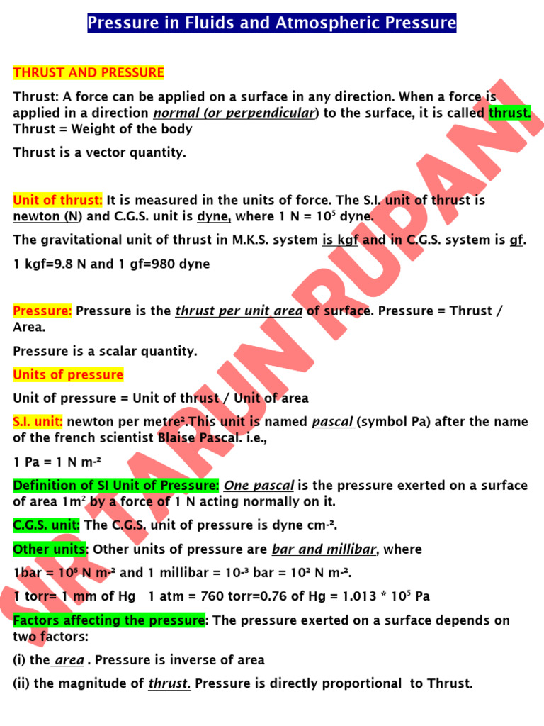 2408151108501820241Pressure in Fluids and Atmospheric Pressure | PDF | Pressure | Pascal (Unit)