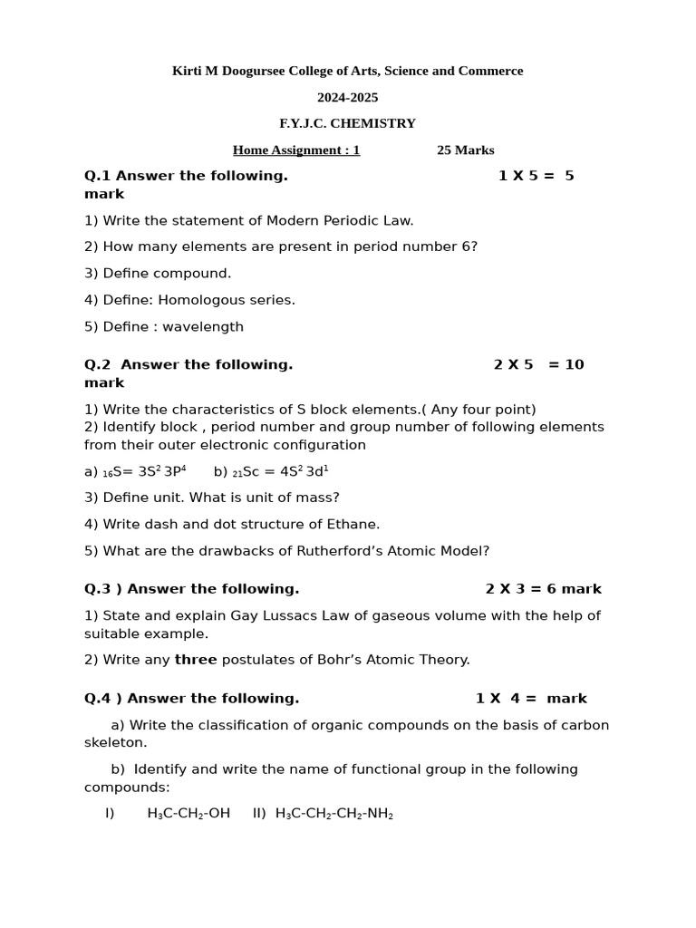 Home Assignment - 1 Chemistry FYJC - 2024 - 25 | PDF