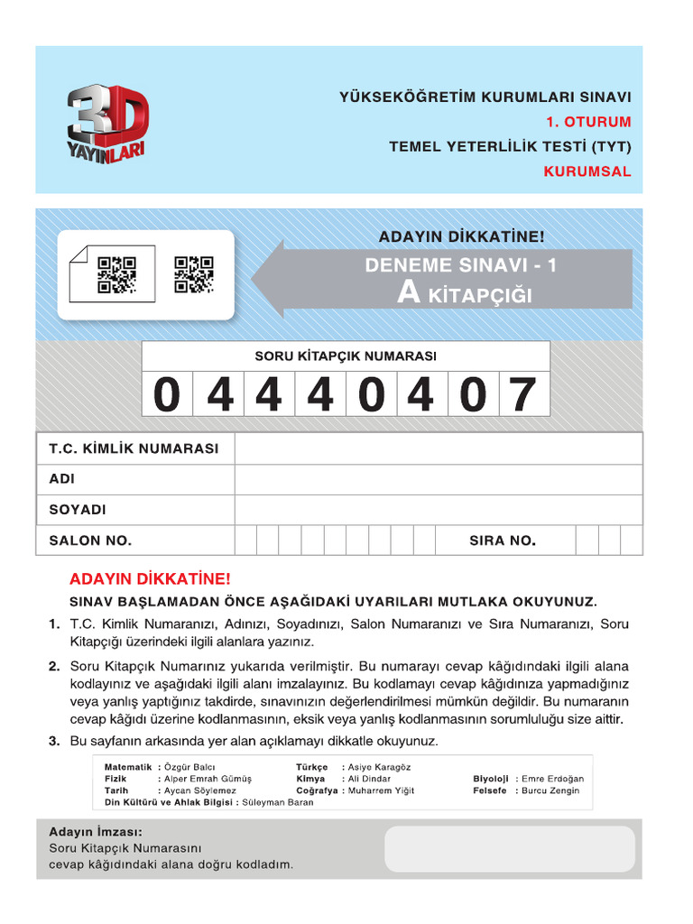 Tyt Deneme Sinavi Ve Cevaplari 1 | PDF