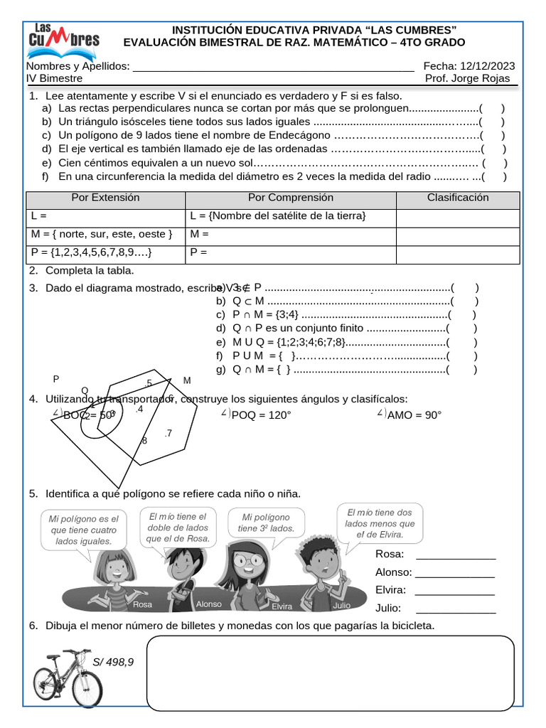 4to RM - Examen Bimestral IV | PDF | Ángulo | Euclides