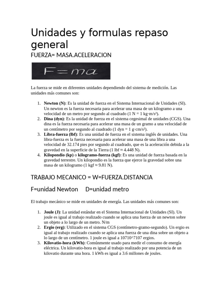 Unidades y Formulas Repaso General | PDF | Vatio | Caballo de fuerza