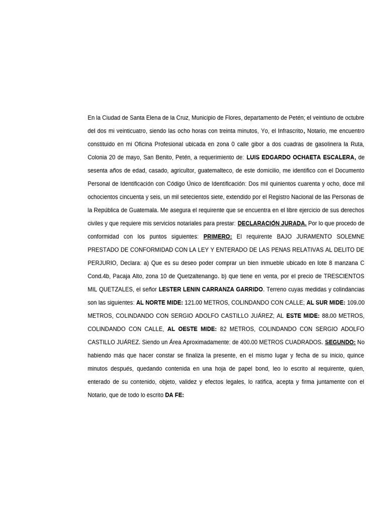 Acta de Declaración Jurada Ochaeta | PDF