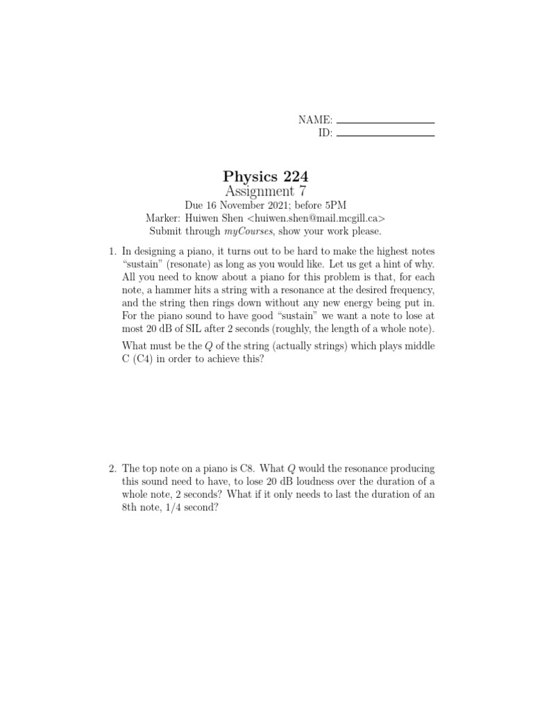Physics 224: Assignment 7 | PDF | Piano | String Instruments