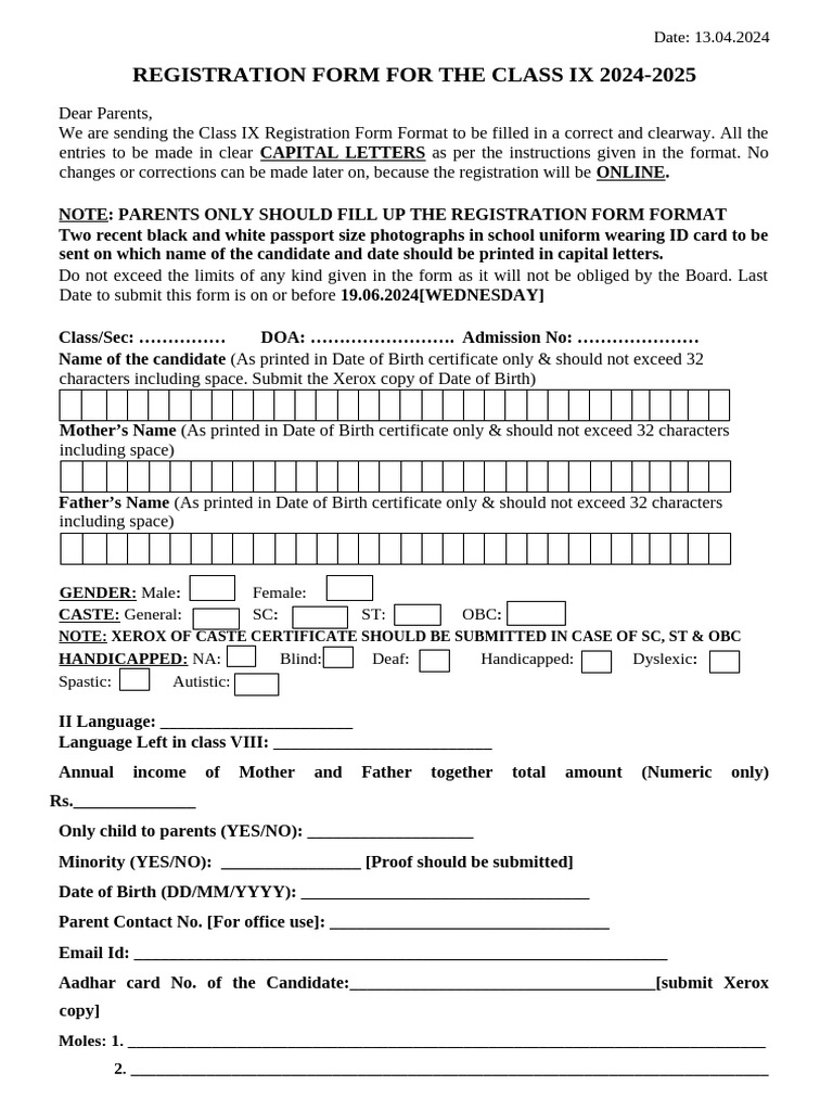 Registration Form For The Class Ix 2024-2025 | PDF
