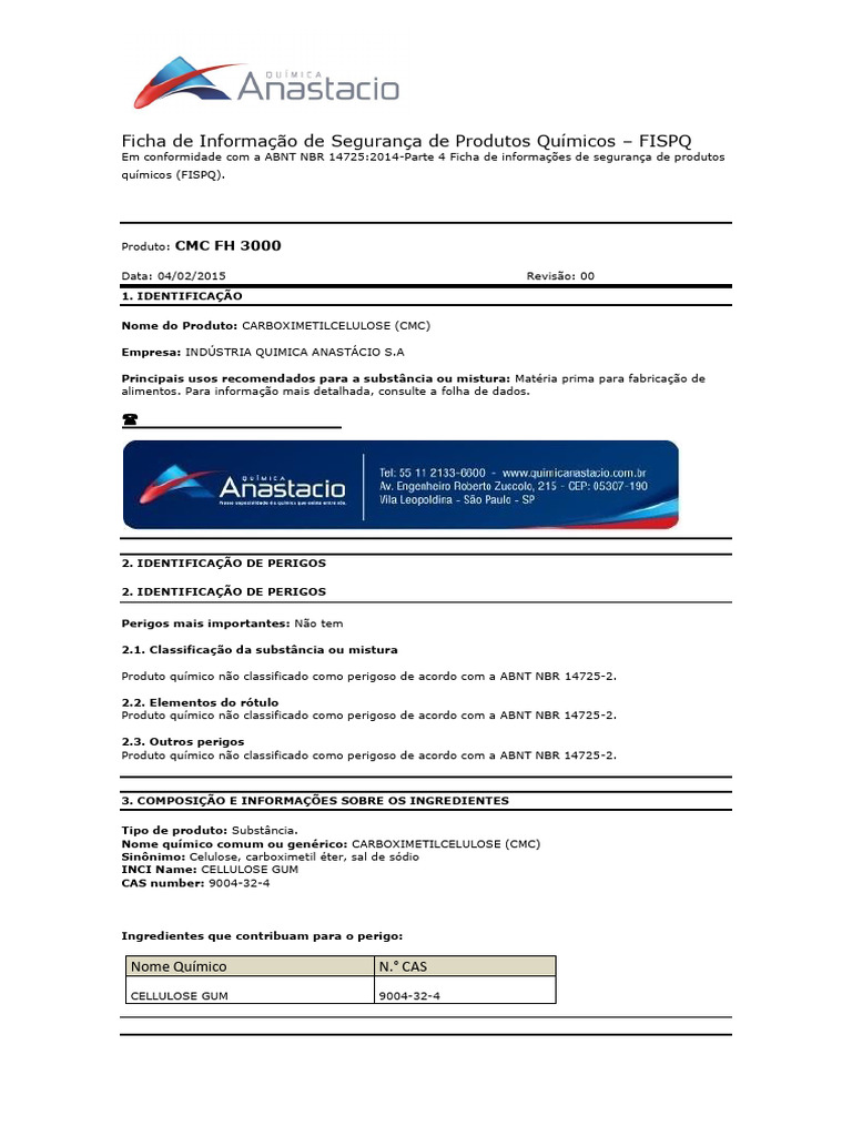FISPQ - GHS CMC FH 3000 - CARBOXIMETILCELULOSE | PDF | Química | Combustão
