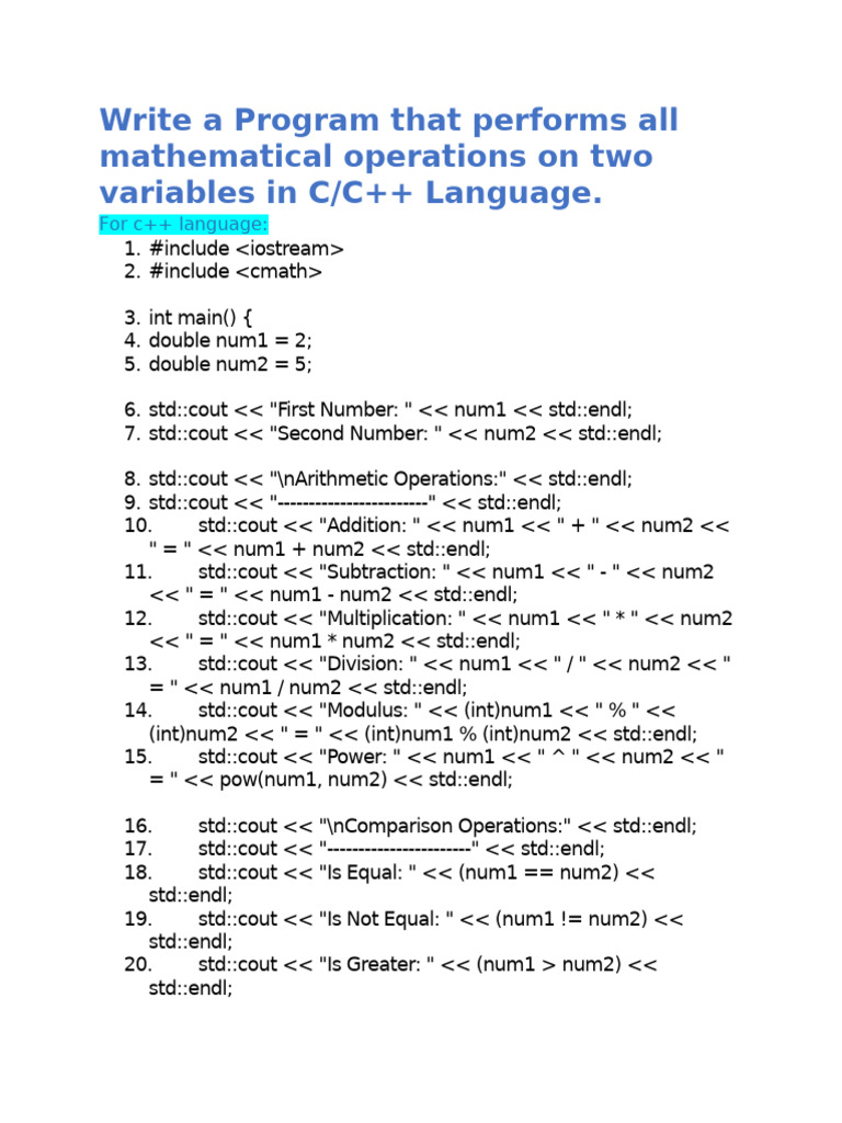 For C ++write A Program That Performs All Mathematical Operations On ...