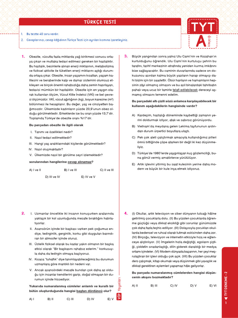 Tyt Deneme Sinavi Ve Cevaplari 27 | PDF