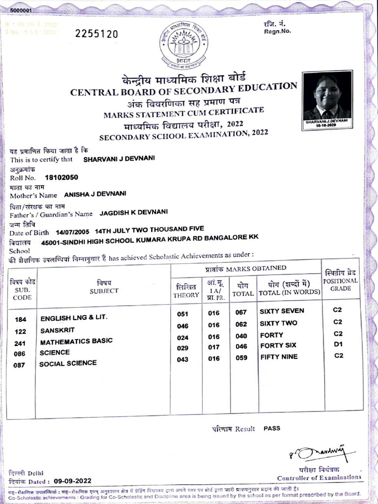 10th Marks Card | PDF