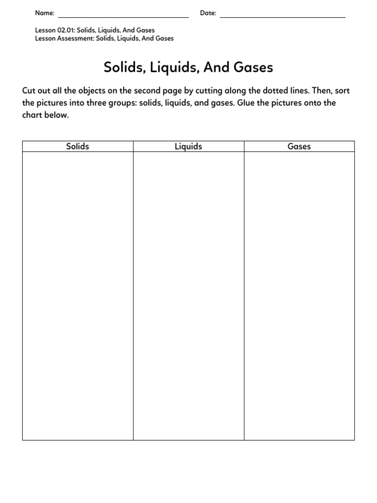 Sort Solids, Liquids, Gases Activity | PDF