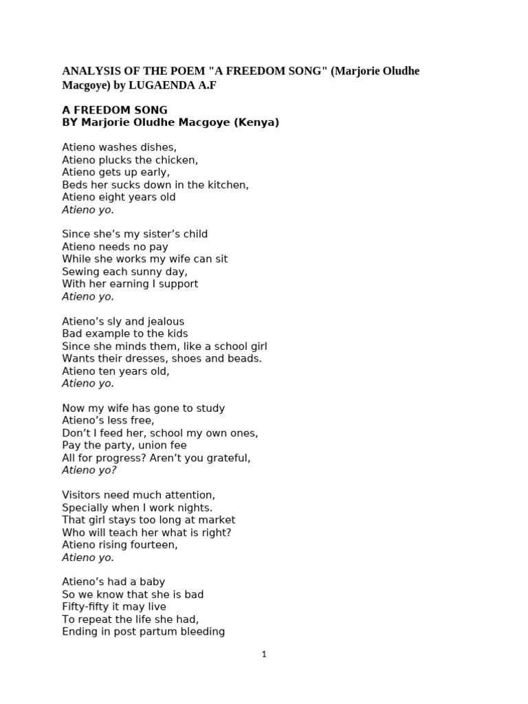 ANALYSIS OF THE POEM A FREEDOM SONG Marj | PDF | Poetry | Stepfamily