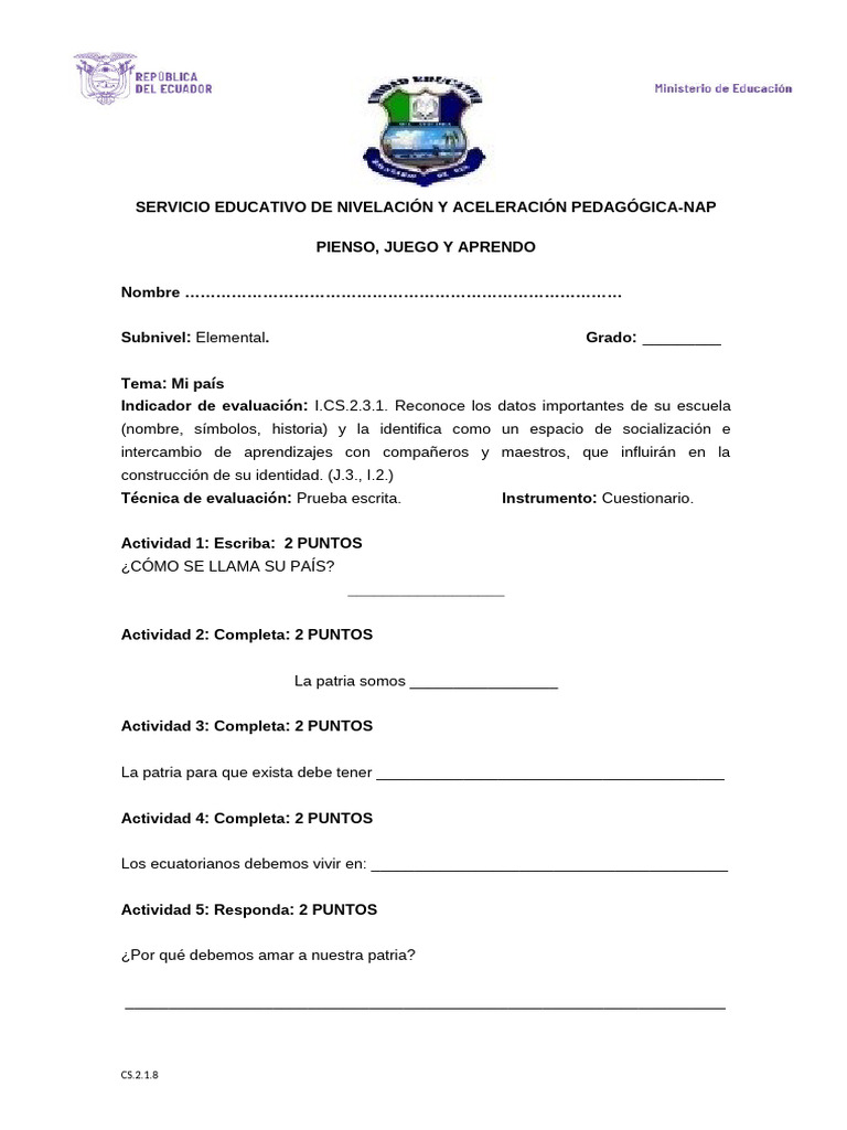 Nap - Evaluacion Basica Elemental Eess | PDF | Juegos y actividades