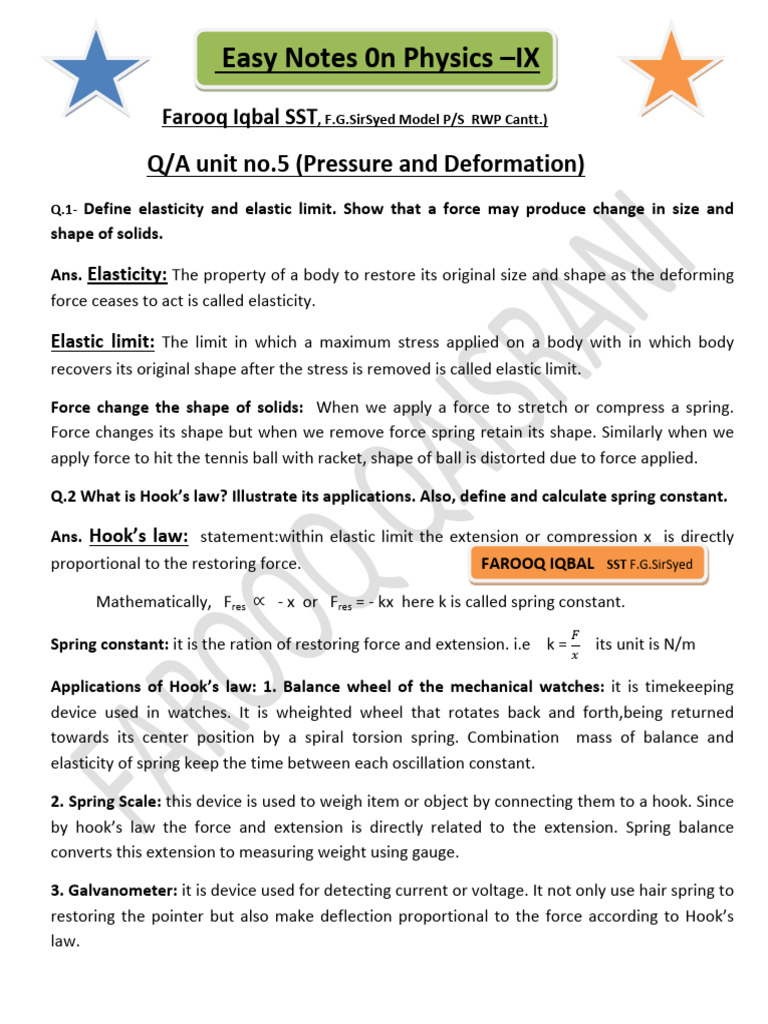 Class 9 Physics Notes Unit 5 New Book | PDF | Buoyancy | Pressure