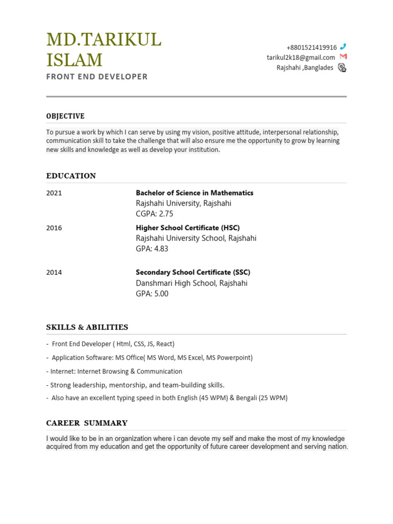 MD - Tarikul Islam: Front End Developer | PDF