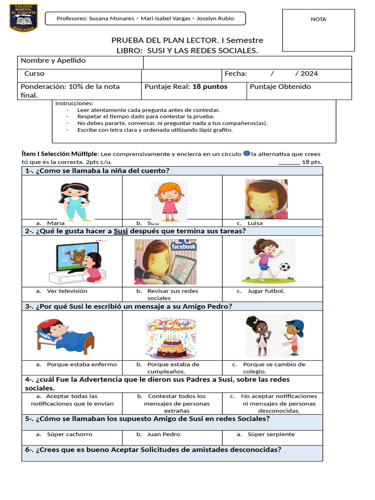 PRUEBA DEL PLAN LECTOR. I semestre susi y las redes sociales modificado | PDF