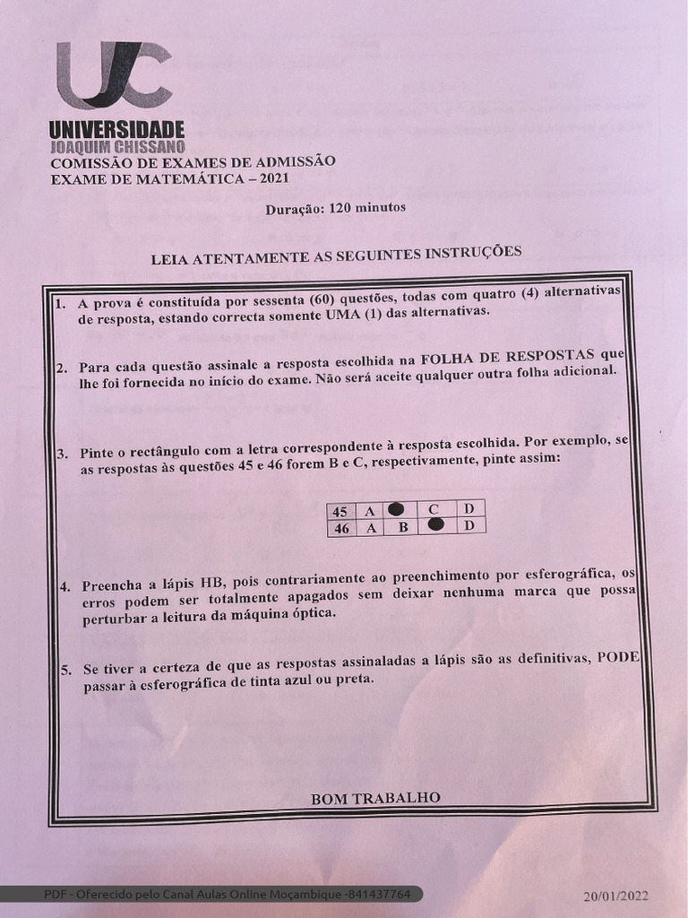 Exame de Matematica Ujc 2021 - 2022 - Ao | PDF