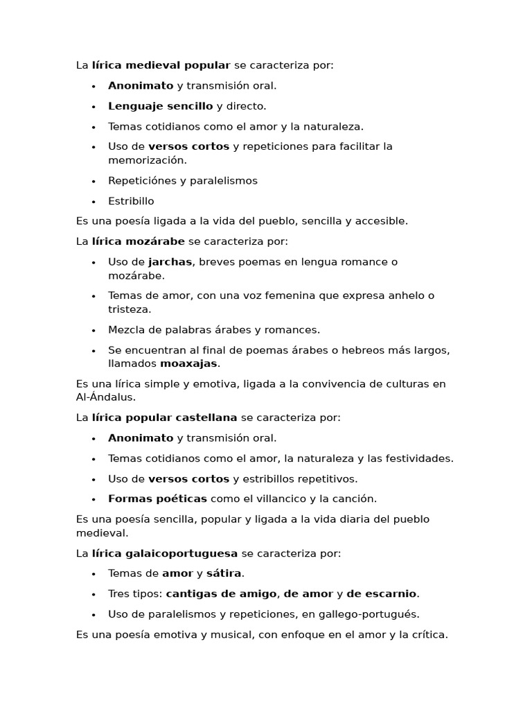 La Lírica Medieval Popular Se Caracteriza Por | PDF | Poesía